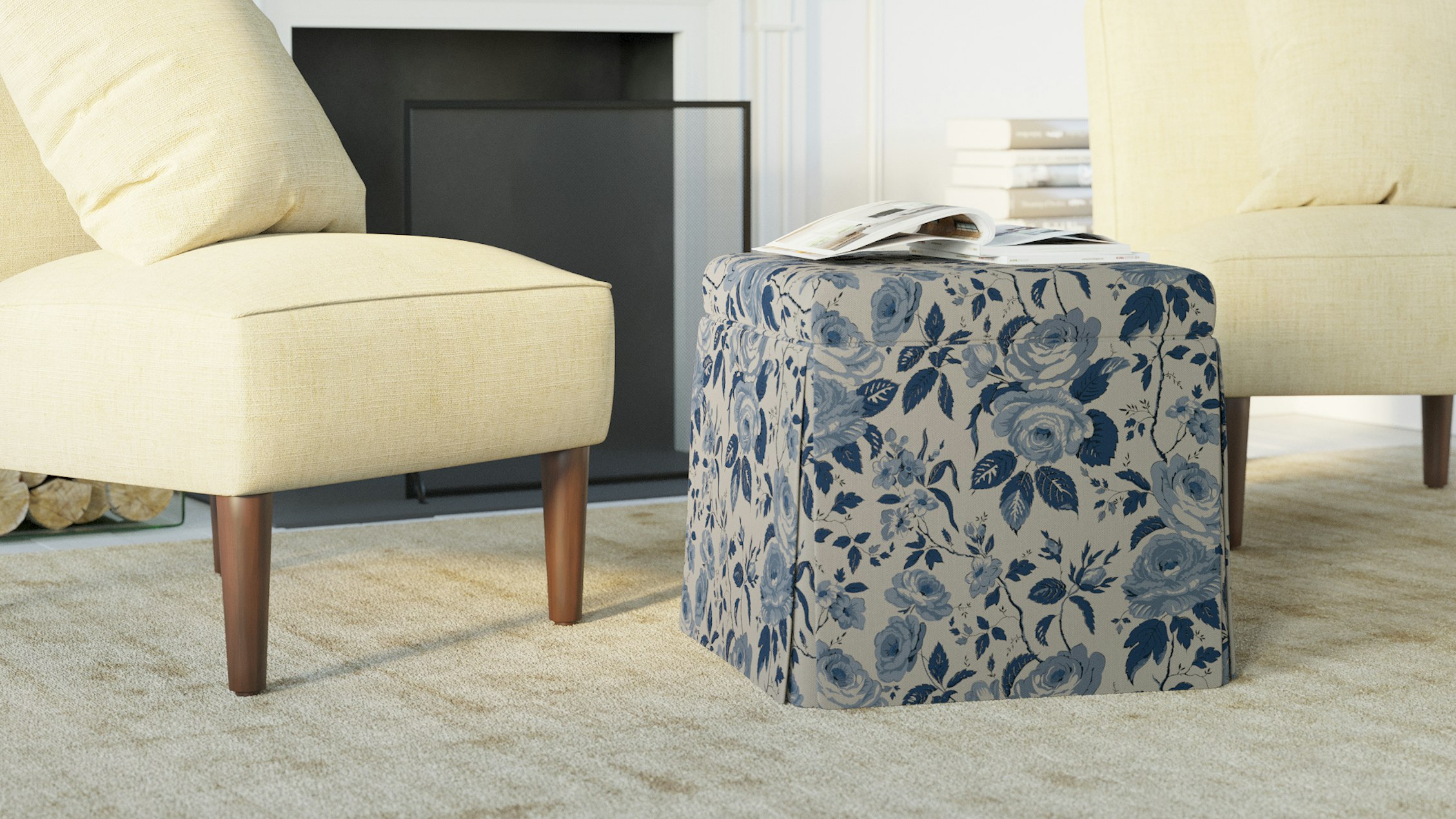 Delft Chintz Upholstered Custom Skirted Storage Ottoman | The Inside ...