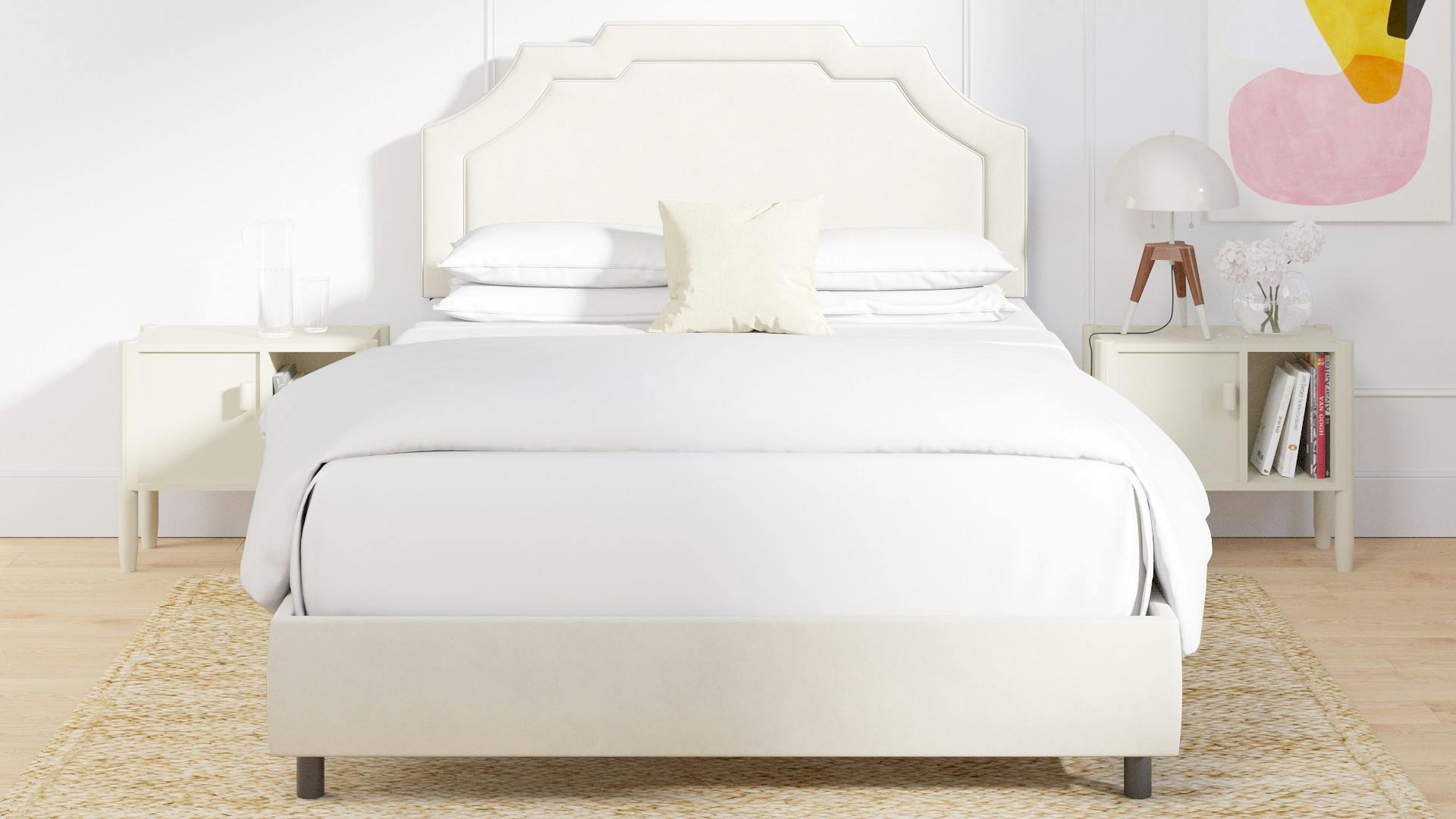 Art Deco Bed Queen White Velvet