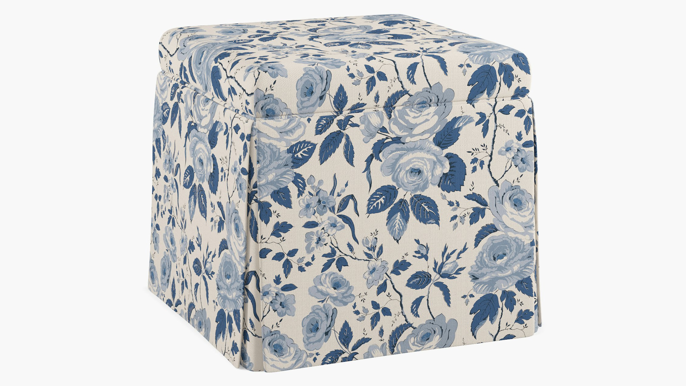 Delft Chintz Upholstered Custom Skirted Storage Ottoman | The Inside ...