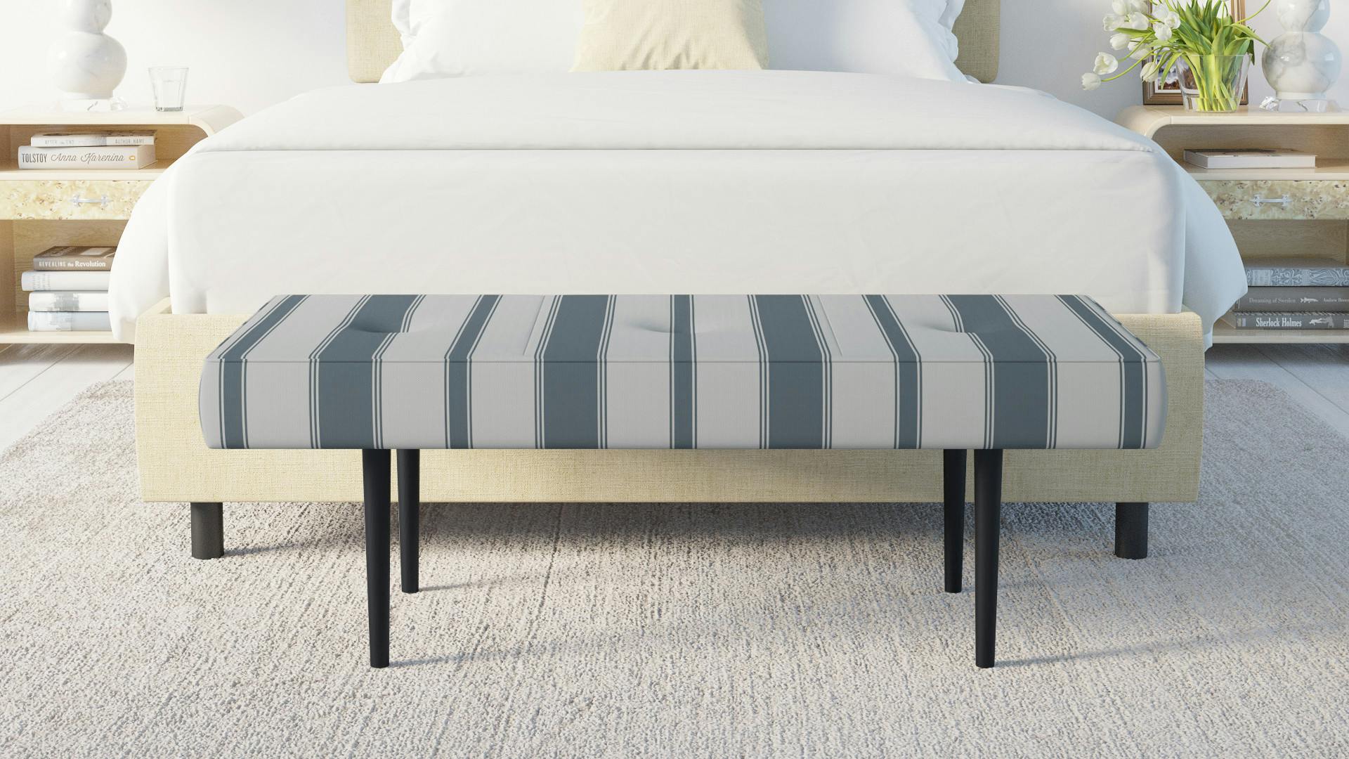 French Blue Clarence Stripe Upholstered Custom Mid-Century Bench | The ...